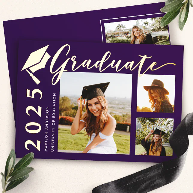 Purple Grad Cap Photo Foil Graduation Announcement | Zazzle