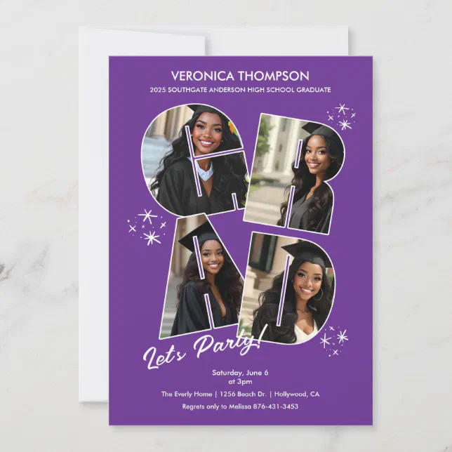 Purple GRAD Photo Collage Graduation Party Invitation | Zazzle