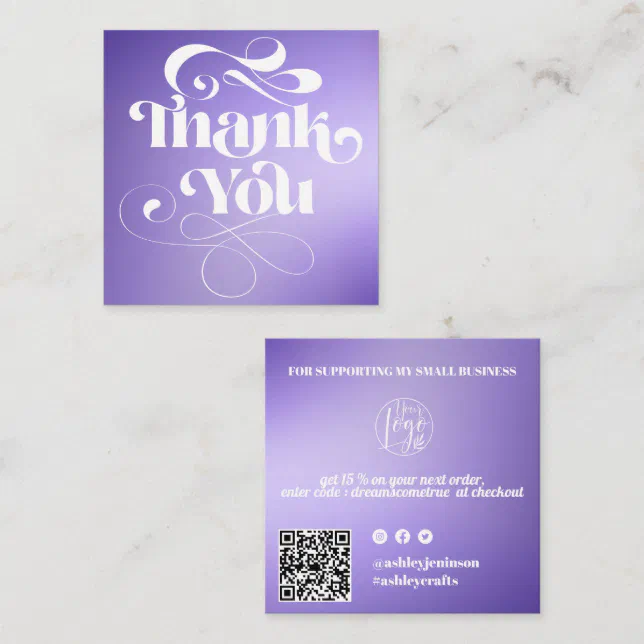 Purple gradient retro script order thank you square business card | Zazzle