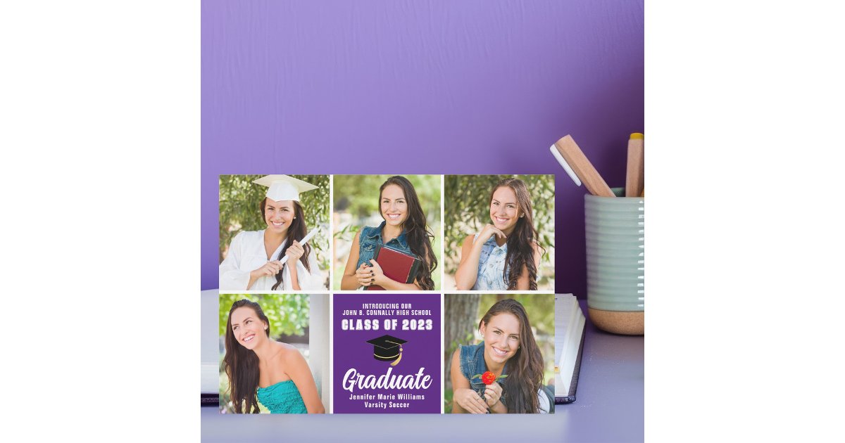 Purple Graduate Photo Collage Custom Graduation Announcement | Zazzle