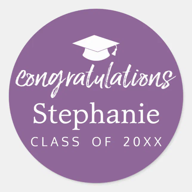 Purple Graduation Cap congratulation modern script Classic Round ...