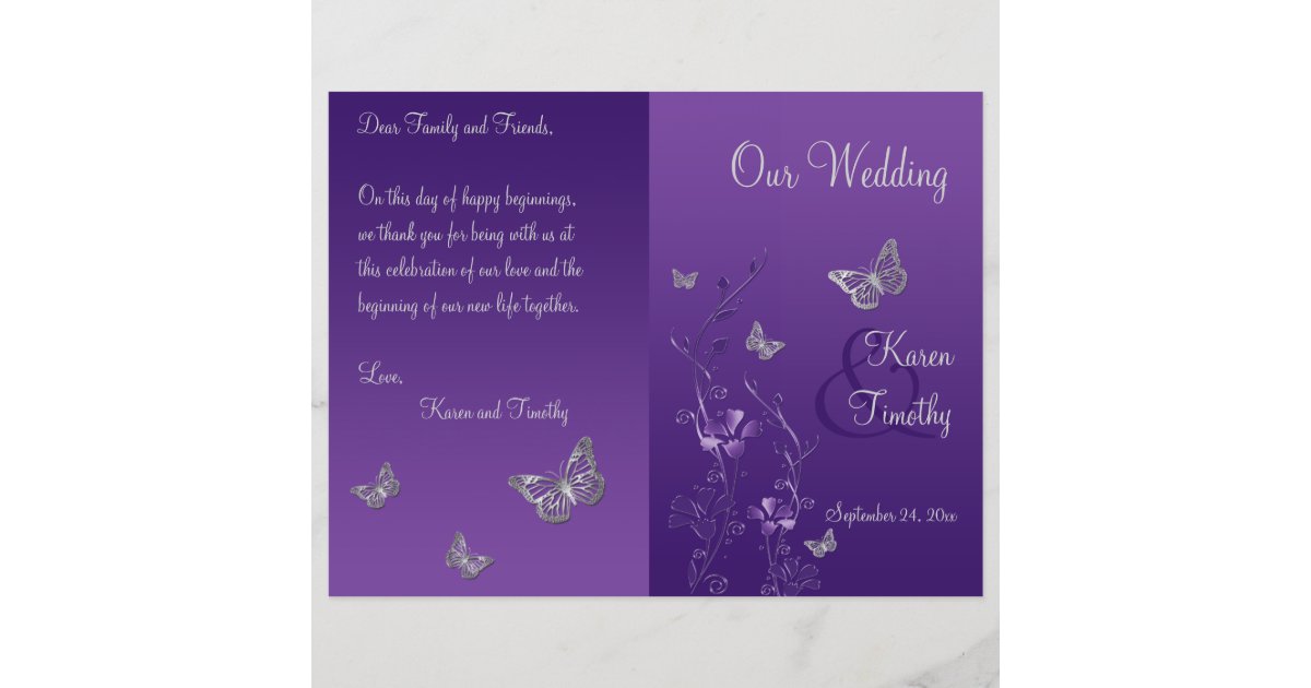 Purple Gray Butterfly Floral Wedding Program | Zazzle