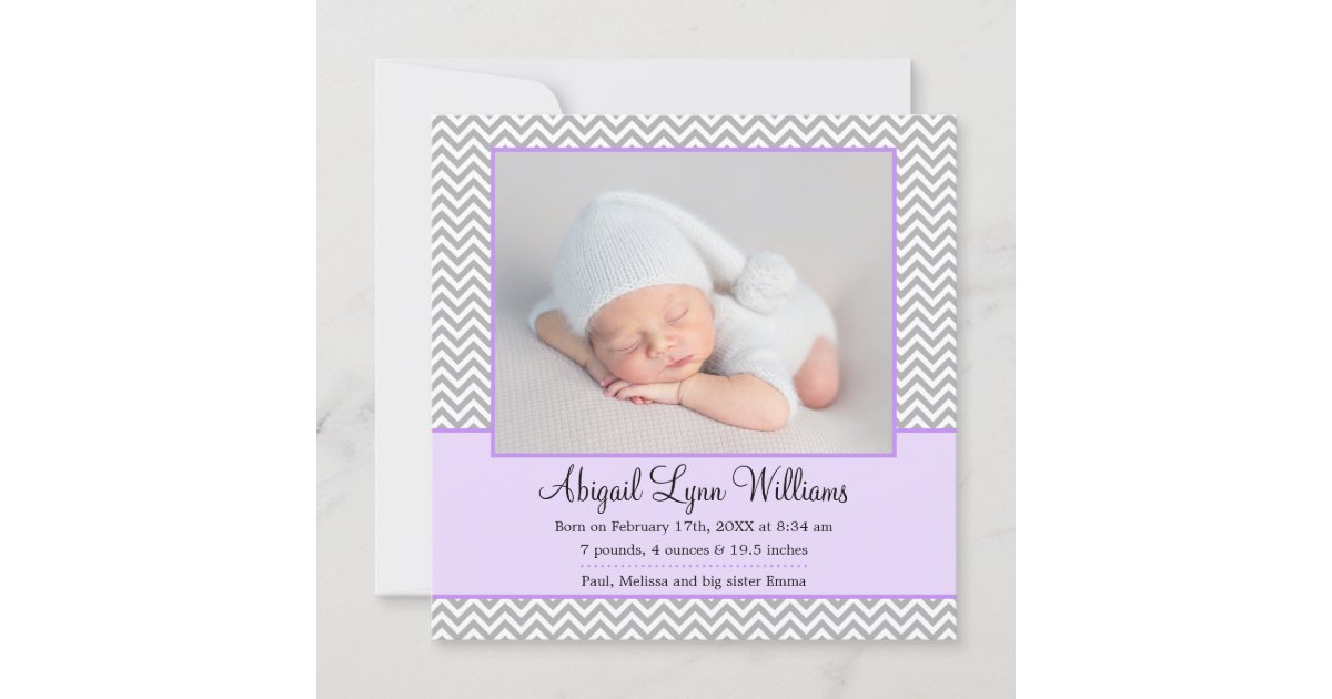 Purple Gray Chevron Girl Photo Birth Announcement | Zazzle