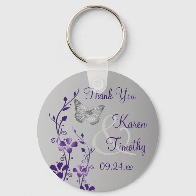 Purple, Gray Floral Butterflies Wedding Favor Keychain | Zazzle