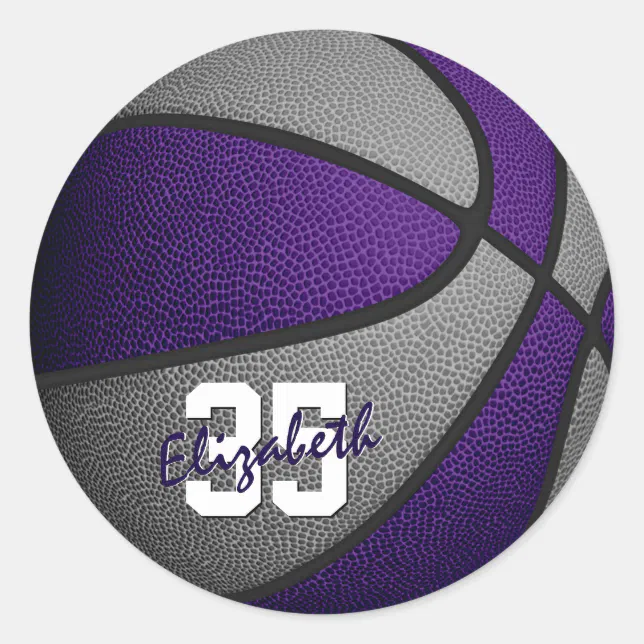 purple gray girls boys basketball team colors classic round sticker ...