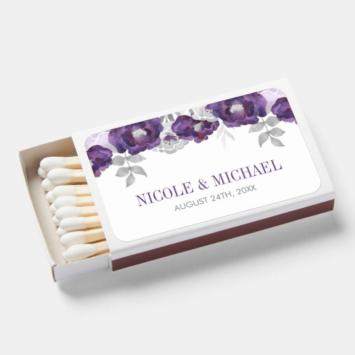 Purple Gray Watercolor Flowers Wedding Matchboxes | Zazzle.com