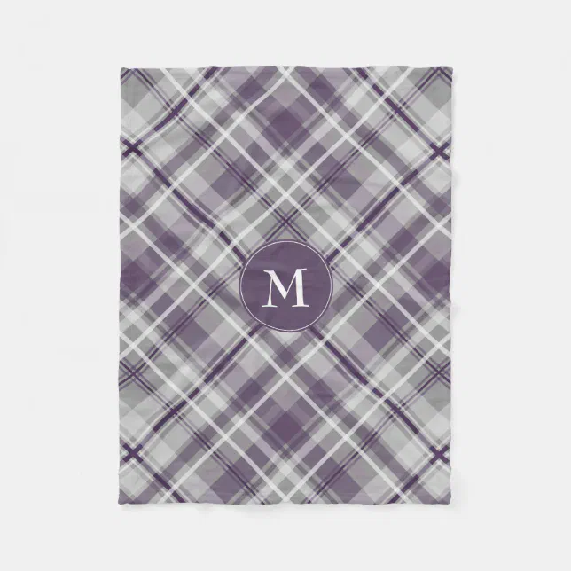 purple gray white plaid pattern monogrammed fleece blanket | Zazzle
