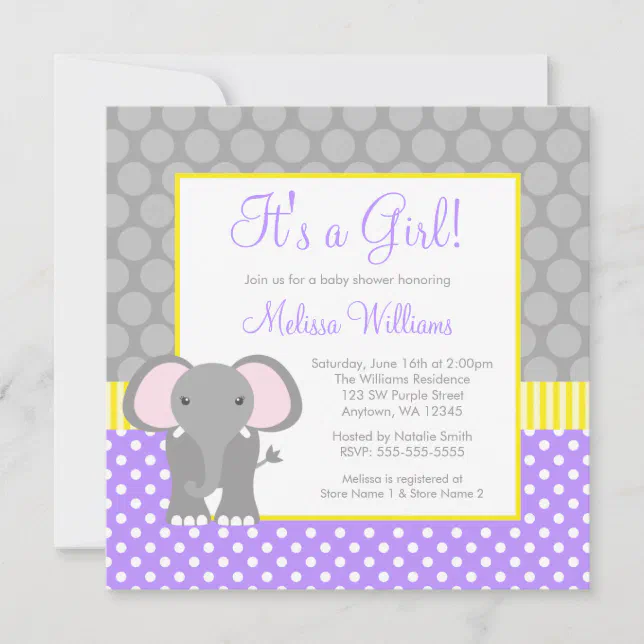 Purple Gray Yellow Elephant Girl Baby Shower Invitation | Zazzle