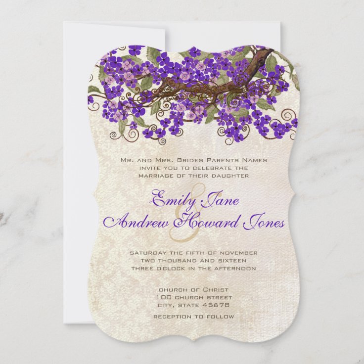 Purple & Green Cherry Blossom Tea Stain Invitation | Zazzle