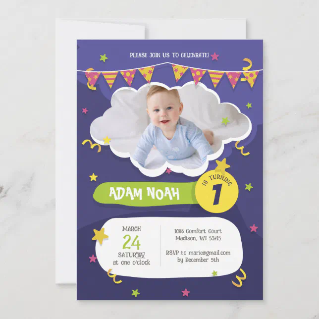 Purple Green Confetti with Photo 1st Birthday Invi Invitation | Zazzle