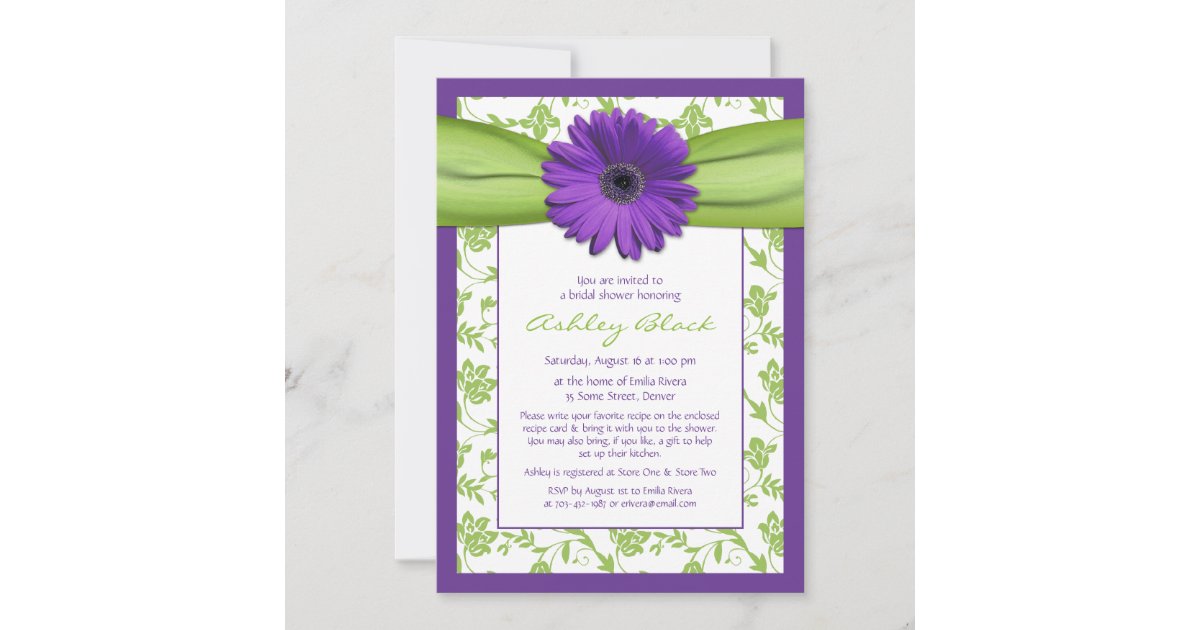 Purple Green Daisy Damask Bridal Shower Invitation | Zazzle