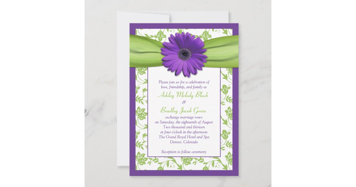 Purple Green Daisy Damask Wedding Invitation | Zazzle