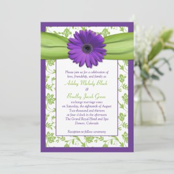 Purple Green Daisy Damask Wedding Invitation | Zazzle