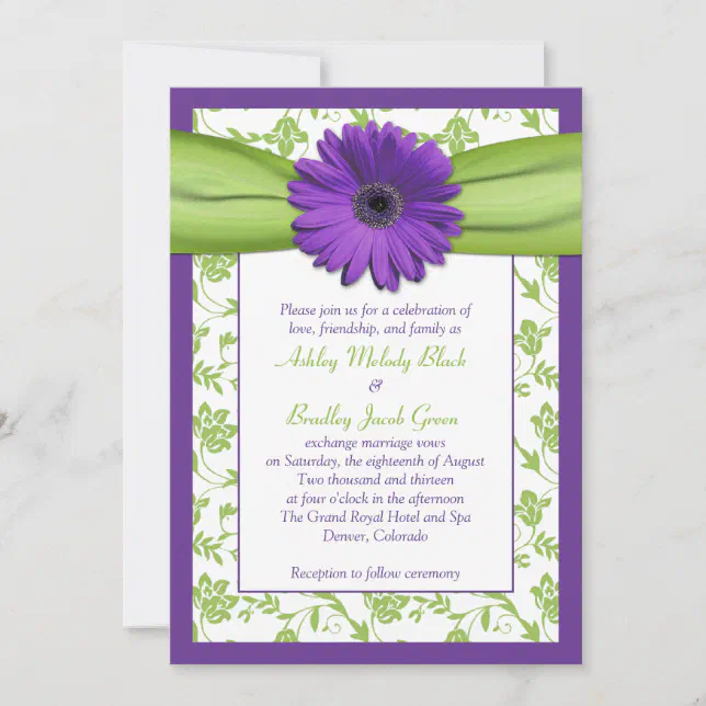 Purple Green Daisy Damask Wedding Invitation | Zazzle