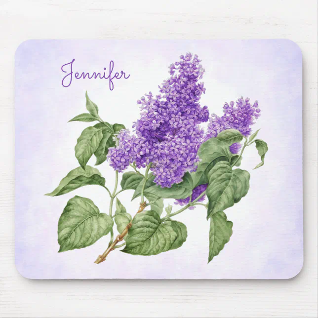 Purple Green Lilac Flower Custom Name Botanical Mouse Pad | Zazzle