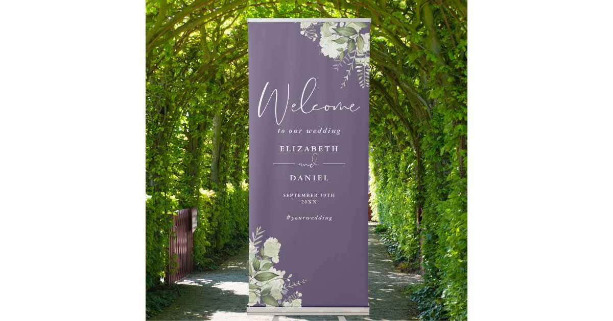 Purple Greenery Foliage Wedding Welcome Retractable Banner | Zazzle