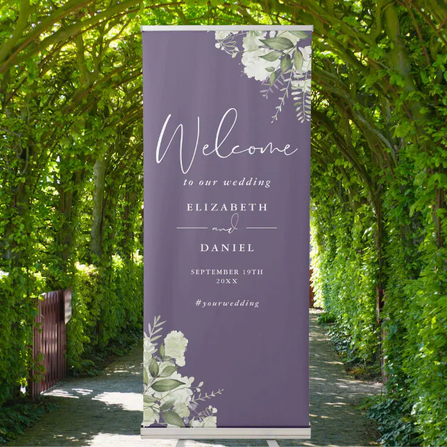 Purple Greenery Foliage Wedding Welcome Retractable Banner | Zazzle