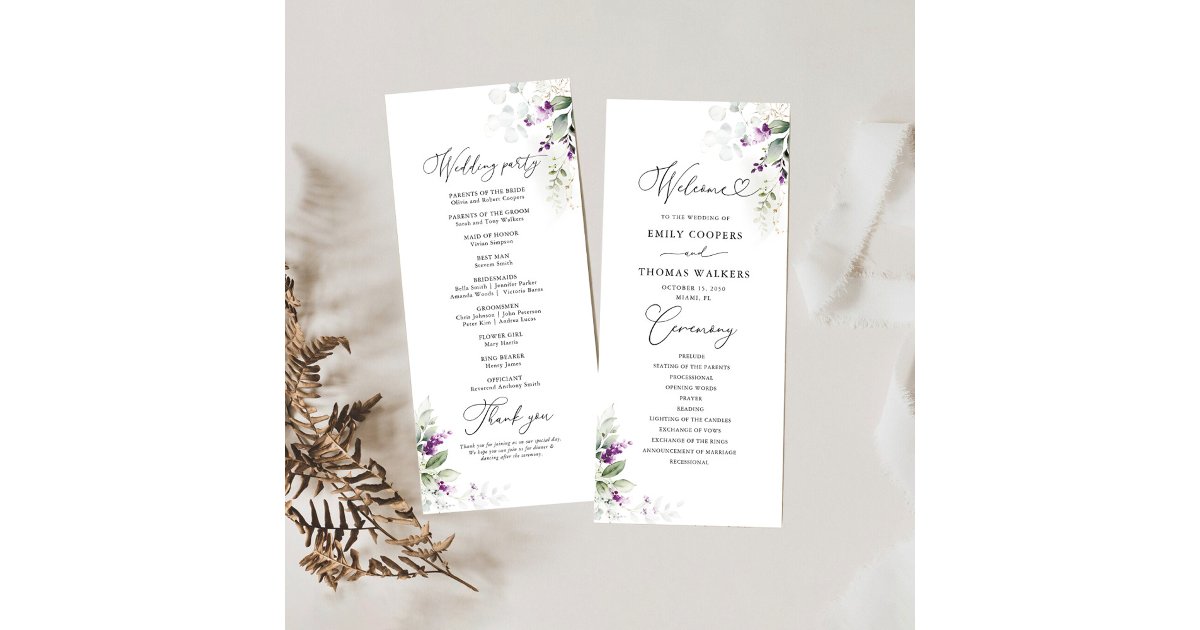 Purple Greenery Lavender Wedding Program | Zazzle
