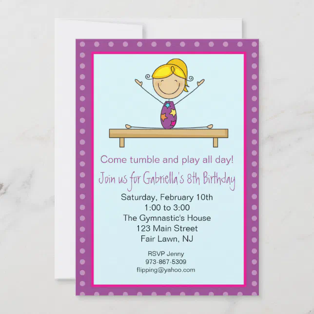 Purple Gymnastics Stick Figure Birthday Invitation | Zazzle