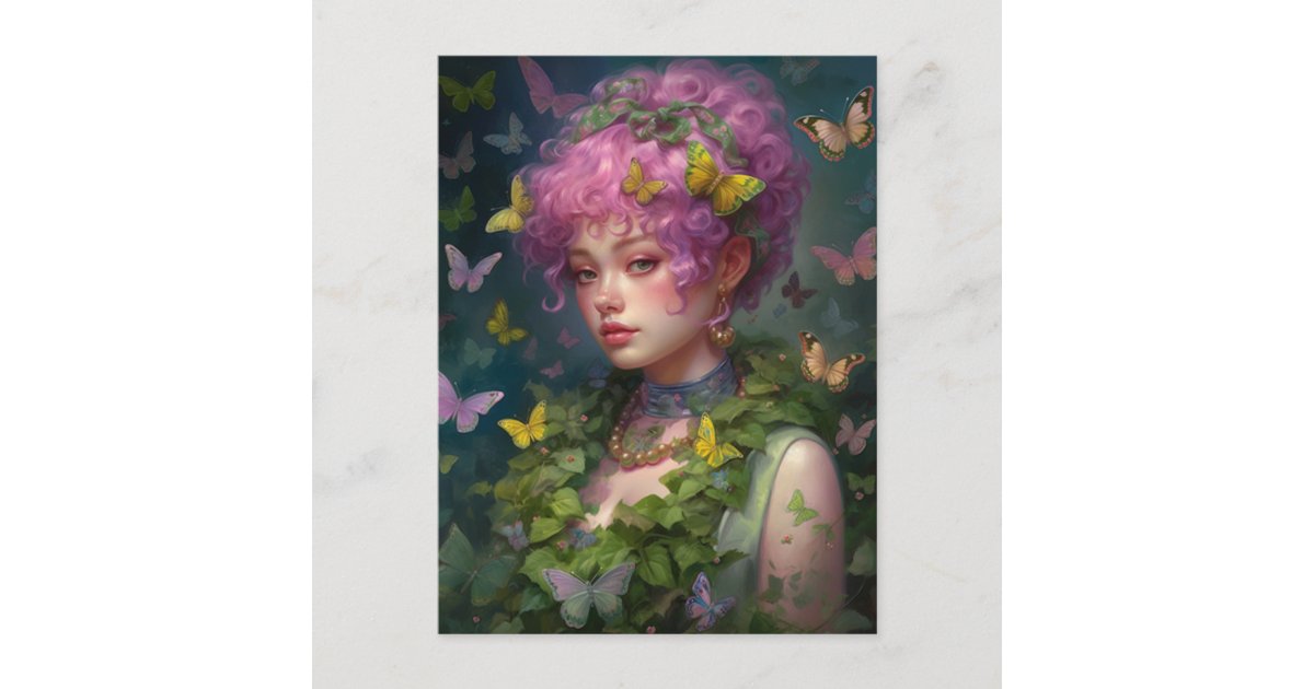 Purple Hair Ivy and Butterfly Woman Postcard | Zazzle