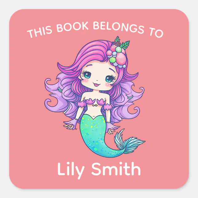 Purple Hair Mermaid and Kids Name book label | Zazzle