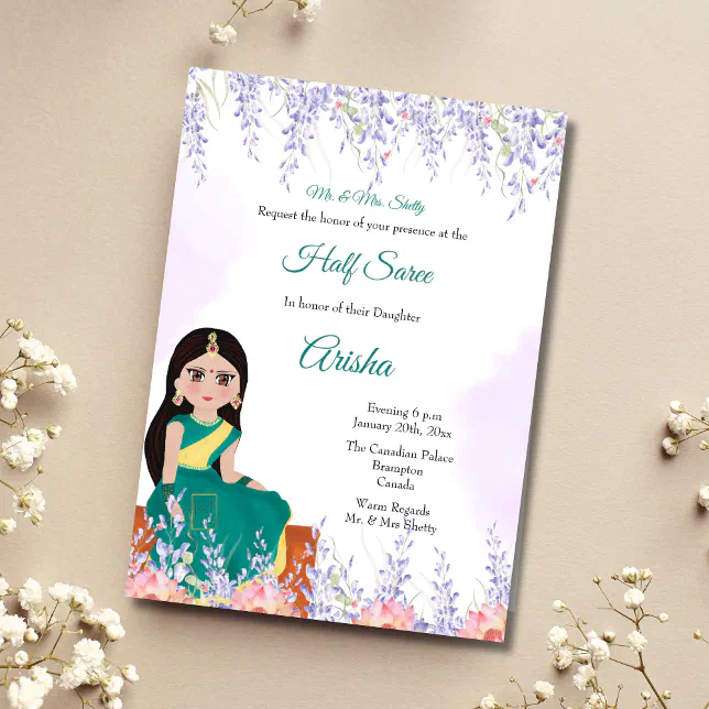 Purple Half Saree invitation card template | Zazzle