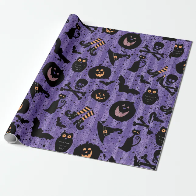 Purple Halloween Bat Pumpkin Witch Hat Owl Paper | Zazzle