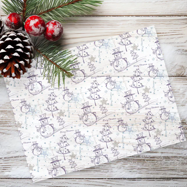 Purple Hand Drawn Christmas Snowman Tissue Paper | Zazzle