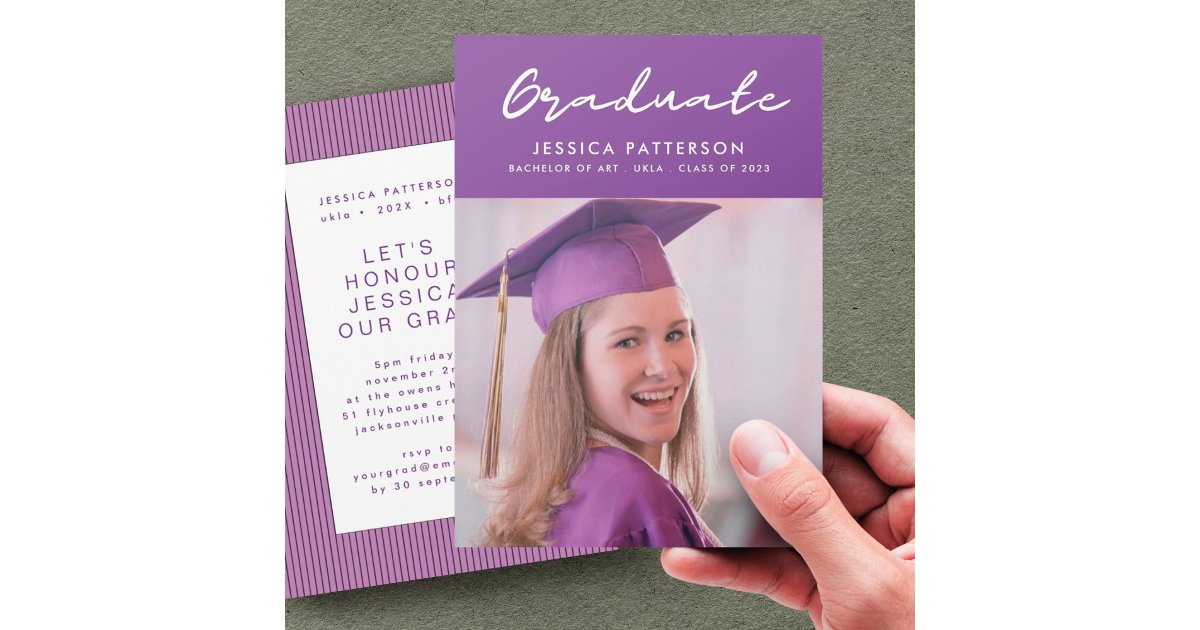Purple Handwriting Graduate Editable Graduation Announcement | Zazzle
