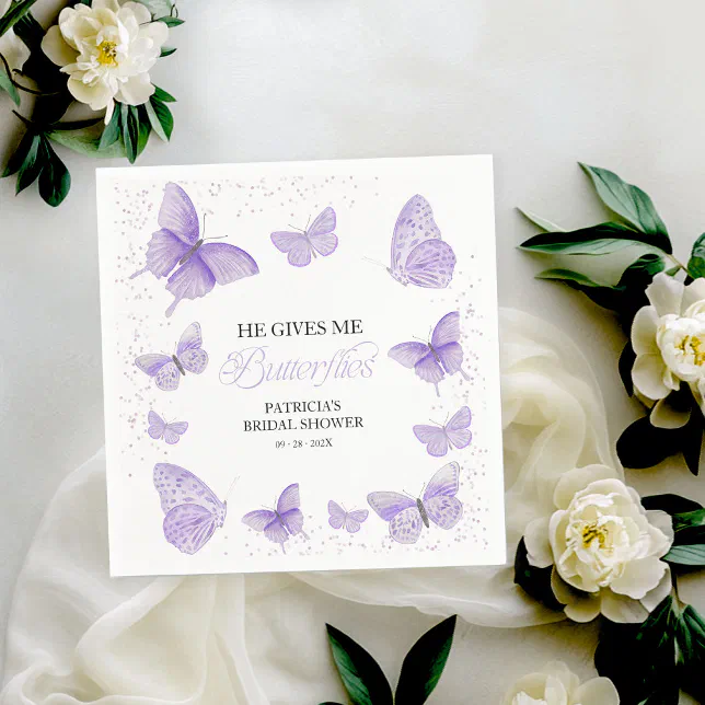 Purple He Gives Me Butterflies Bridal Shower Napkins | Zazzle