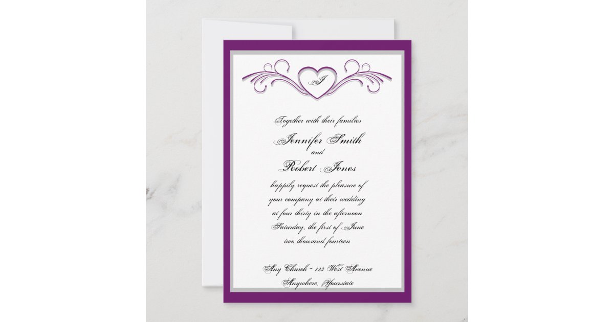 Purple Heart Scroll Monogram Wedding Invitation | Zazzle