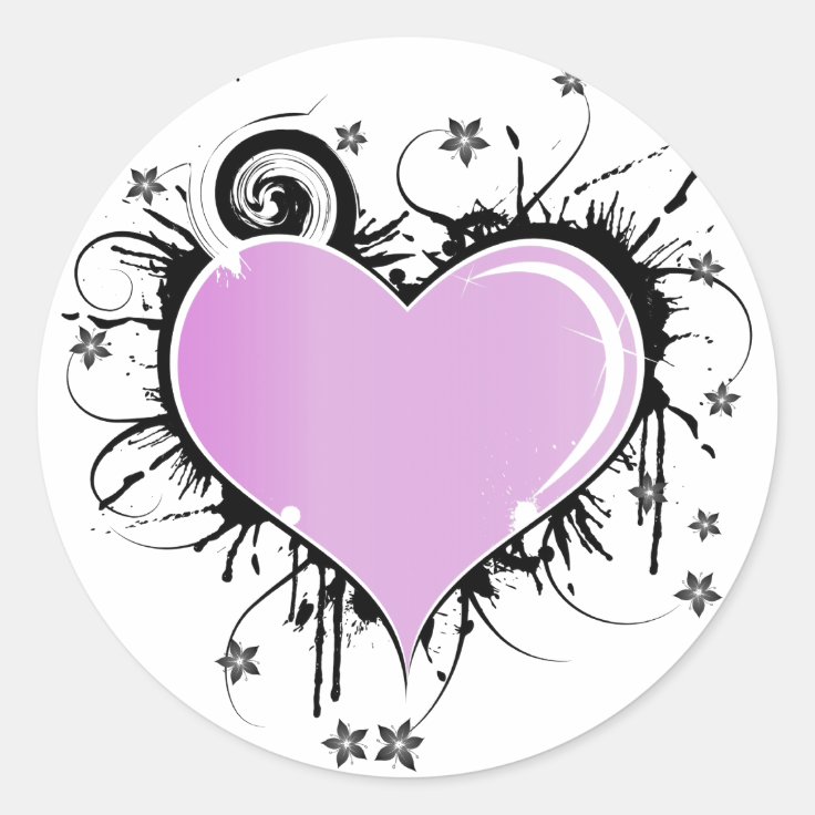 Purple Heart Tattoo Style with Flowers Classic Round Sticker | Zazzle