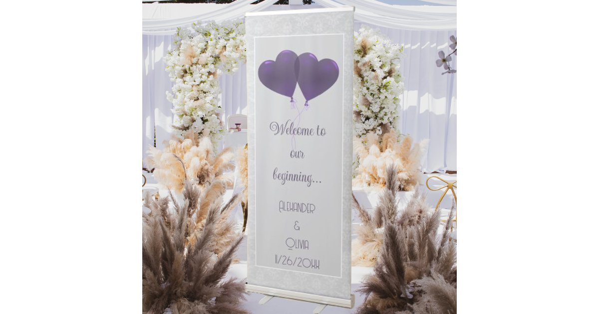 Purple Hearts Balloons Wedding Retractable Banner | Zazzle