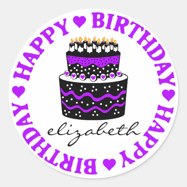 Purple Hearts Birthday Cake Classic Round Sticker | Zazzle