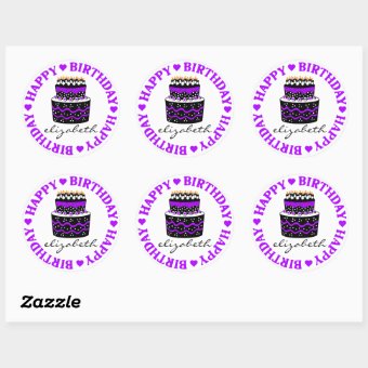 Purple Hearts Birthday Cake Classic Round Sticker | Zazzle