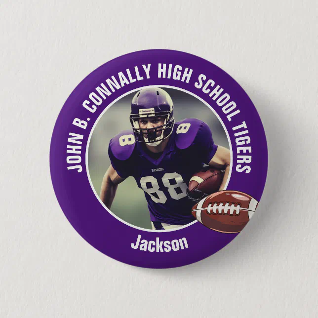 Purple High School Football Player Photo Button | Zazzle