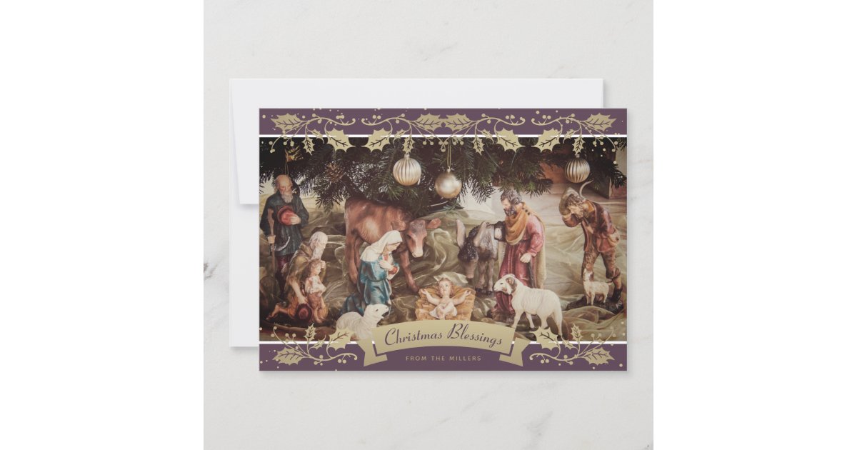 Purple Holly Nativity Scene Christian Christmas Holiday Card | Zazzle