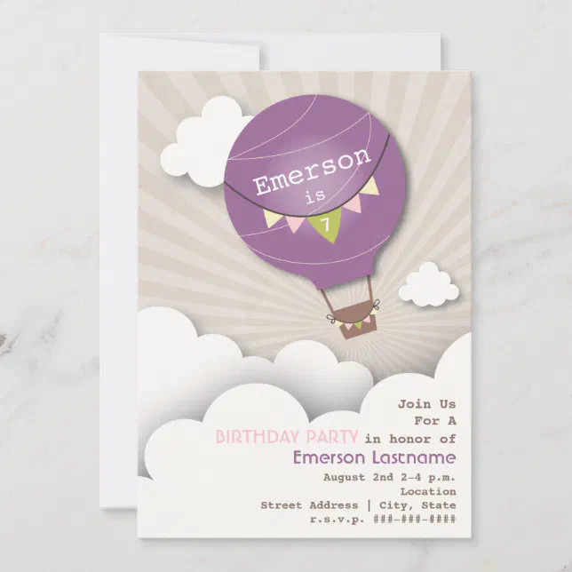 Purple Hot Air Balloon & Clouds Kids' Birthday Invitation | Zazzle