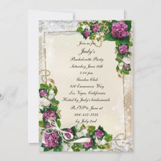 Purple Hydrangea And Lace Bachelorette Party Invitation | Zazzle