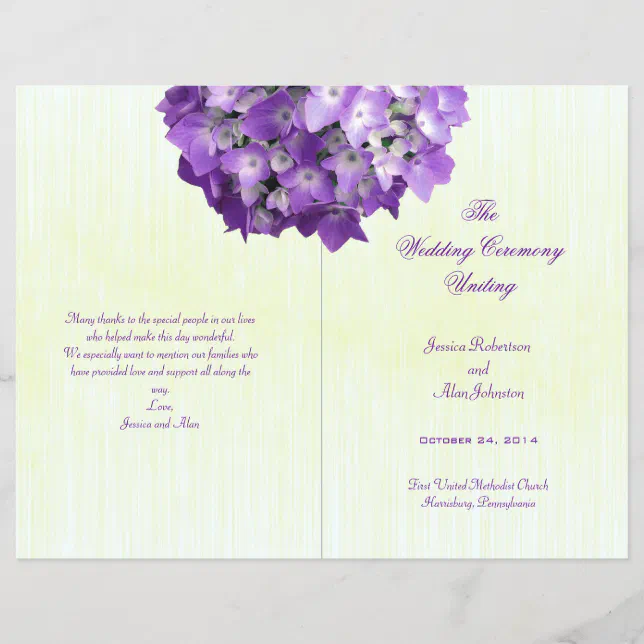 Purple Hydrangea Folded Wedding Program Template | Zazzle