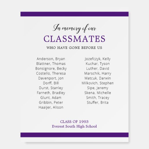 Purple In Memory Of Our Classmates List Of Names Foam Board | Zazzle