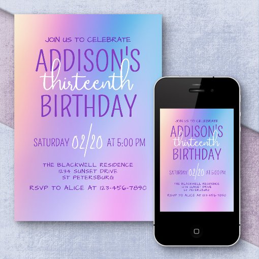 Purple Iridescent Holographic Birthday Invitation | Zazzle