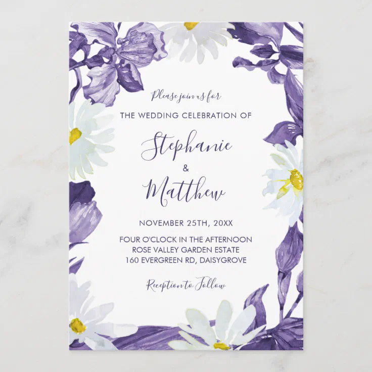 Purple Iris Daisy Watercolor Botanical Wedding Invitation | Zazzle