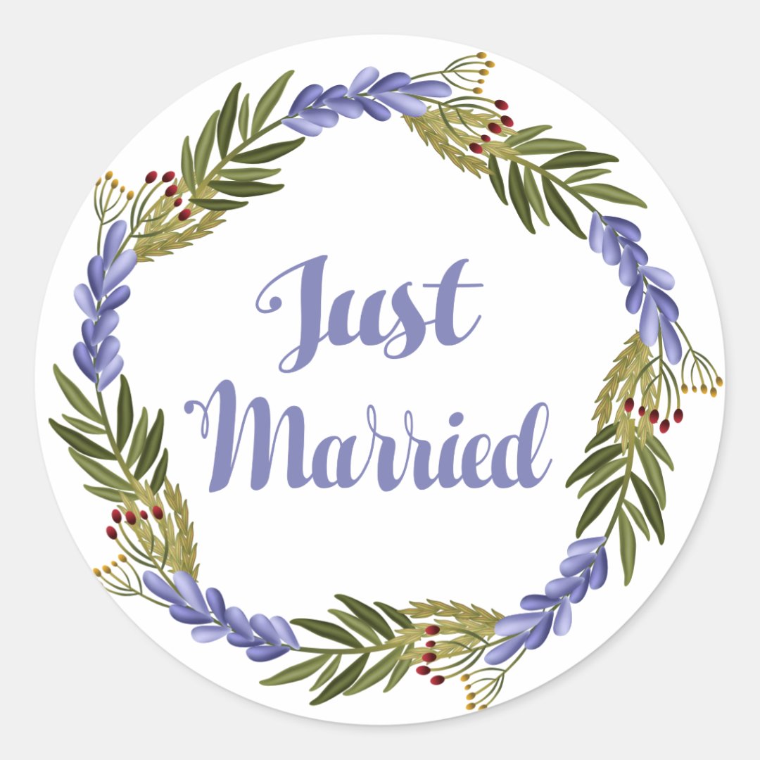 Purple Just Married Lavender Floral Wedding Classic Round Sticker | Zazzle