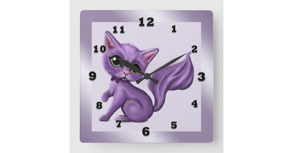 Purple Kitty Square Wall Clock | Zazzle