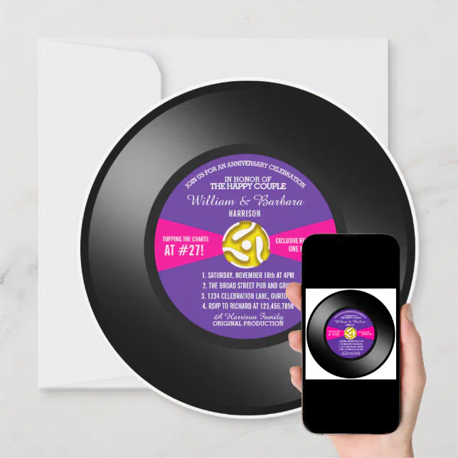 Purple Label Vinyl 45 Record Anniversary Party Invitation | Zazzle