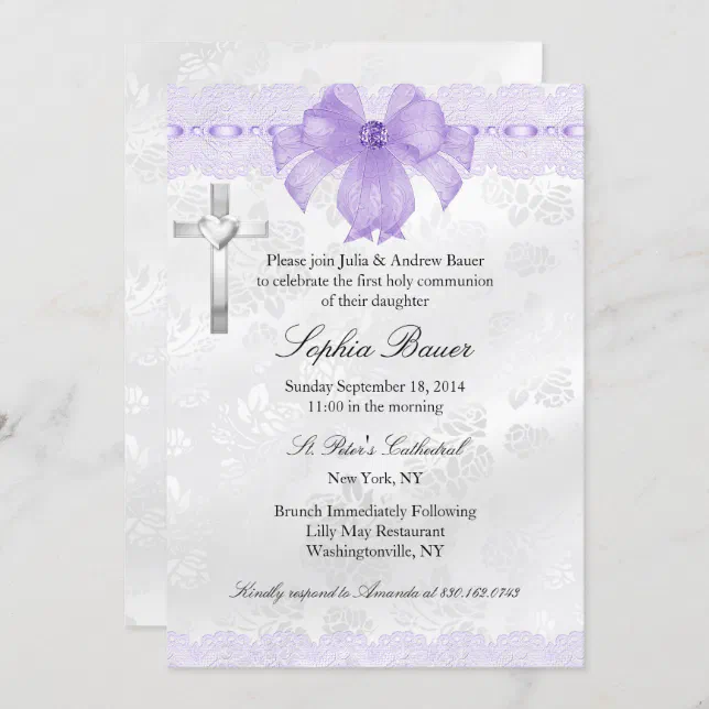 Purple Lace Bow First Holy Communion Invitation | Zazzle