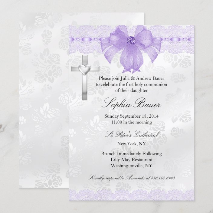 Purple Lace Bow First Holy Communion Invitation | Zazzle.com