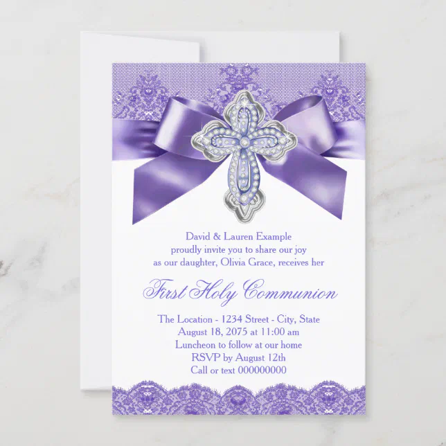 Purple Lace Cross First Holy Communion Invitation | Zazzle