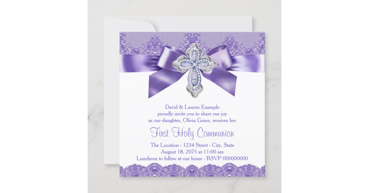 Purple Lace Cross First Holy Communion Invitation | Zazzle